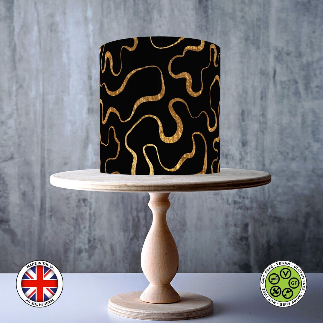 Black and Gold Wavy Pattern Wrap Around Edible Cake Topper, ICING Sheet ...