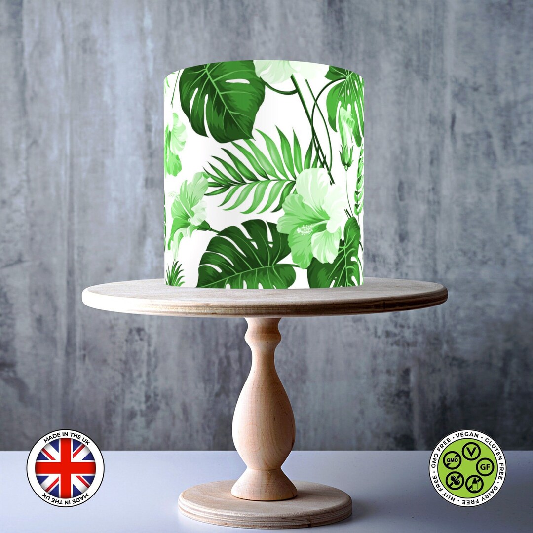 Emerald Green Tropical Monstera and Palm Leaves Wrap Around Edible Cake ...