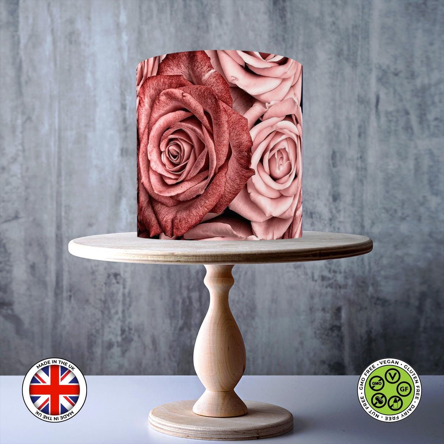 Rust-coloured and Pink Roses Edible Wrap Around Cake Topper, Weddings ...
