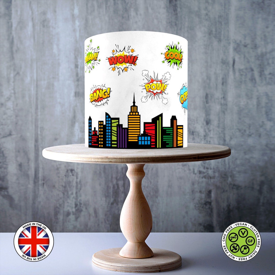Superhero Comic Edible Cake Toppers – Speech Bubbles Skyline Cut-outs ...