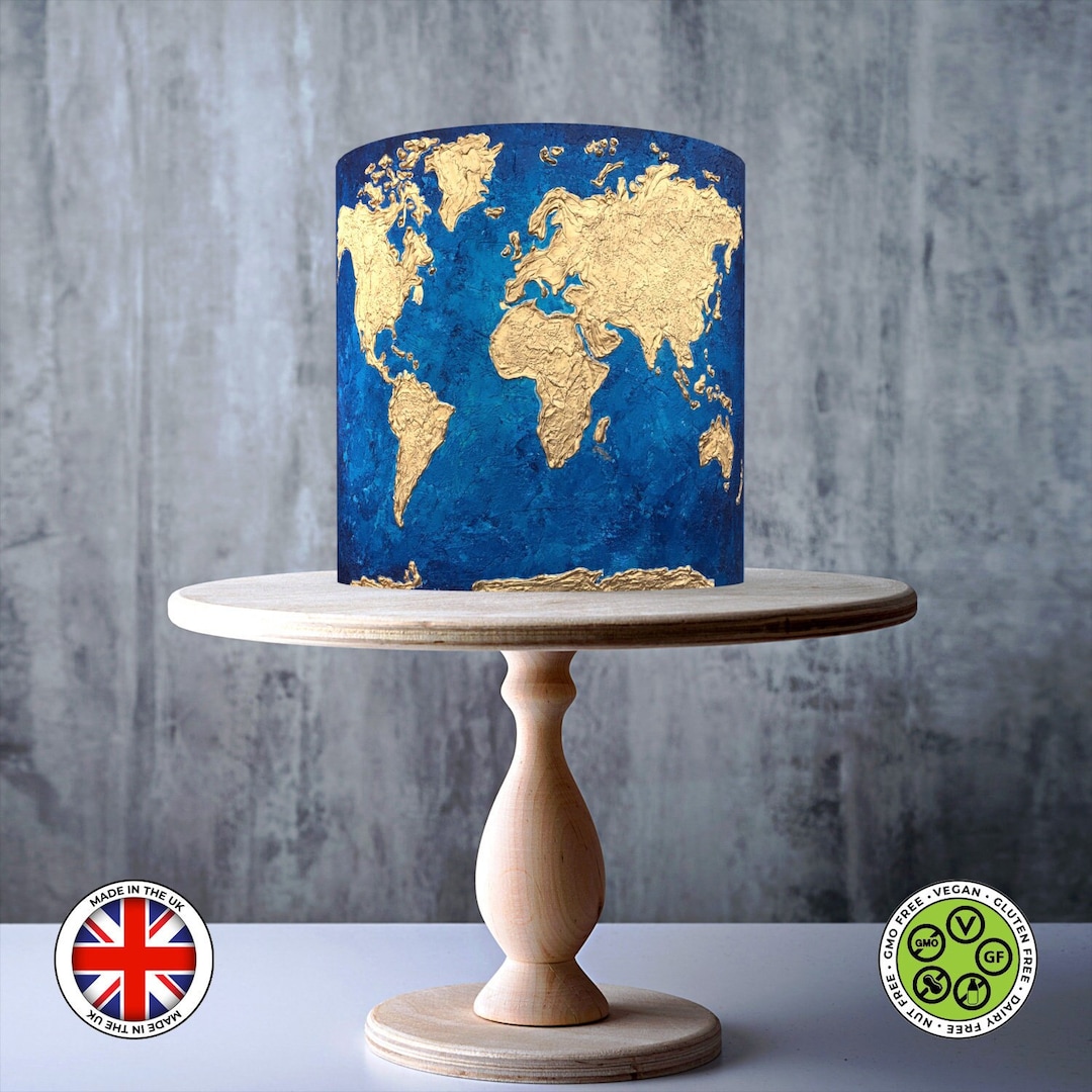 Blue & Gold World Map Wrap Around Edible Cake Topper, ICING Sheet ...