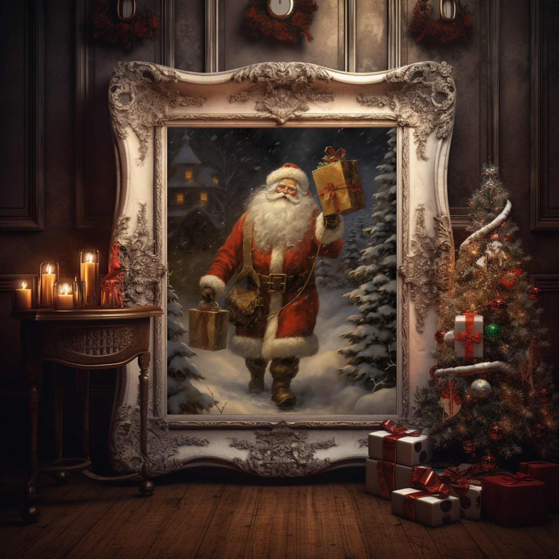 Vitntage Christmas Santa is Walking to Deliver Gifts Wall Art Academia ...