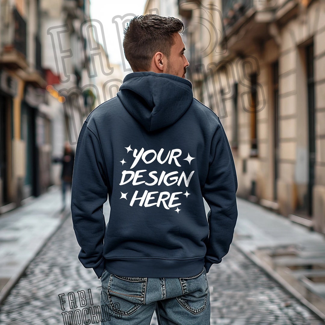 Gildan 18500 Navy Hoodie Back Mockup Male Model Navy Gildan Pullover ...