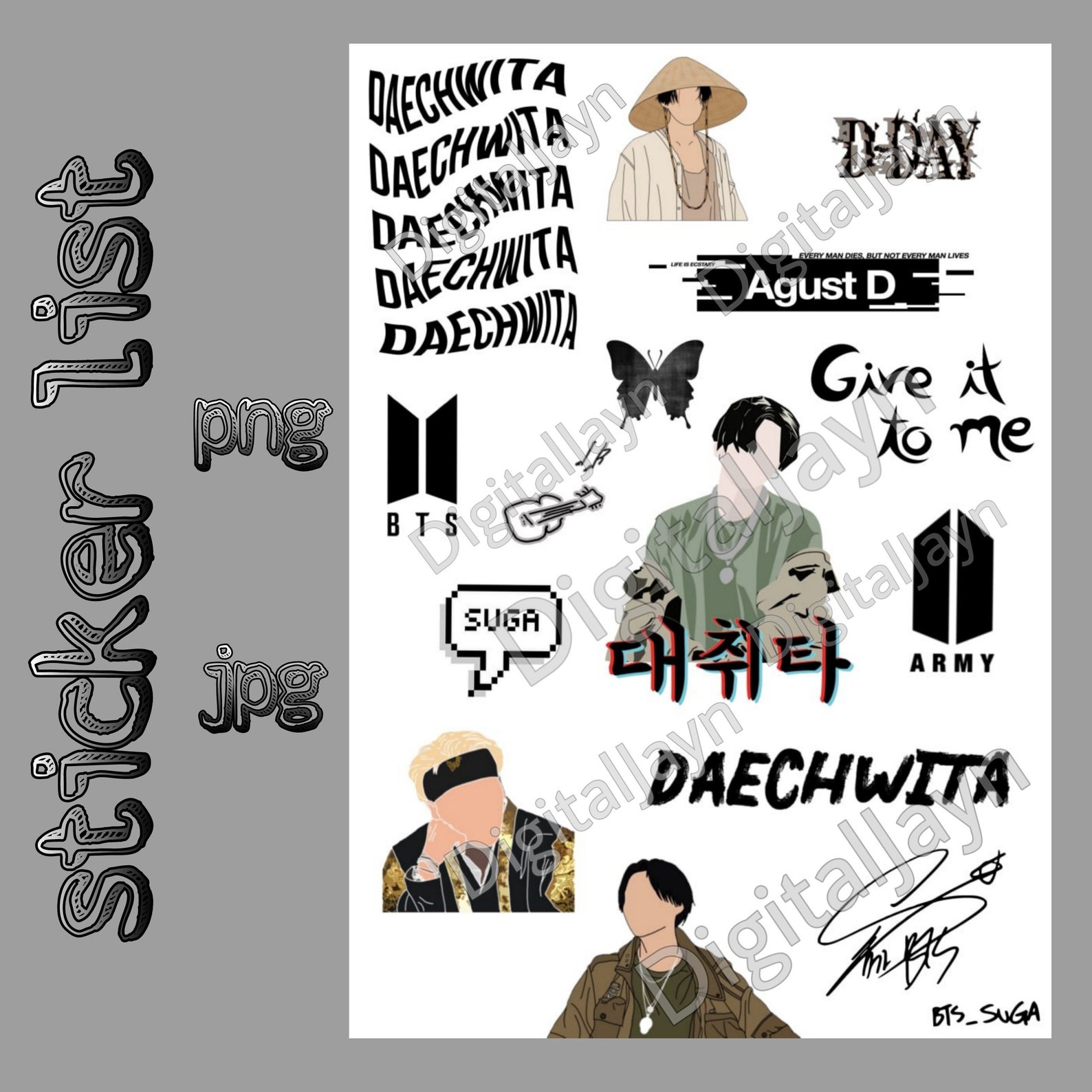 Suga Sticker List Desing, D-day Decor, Bts Digital Download File Png ...