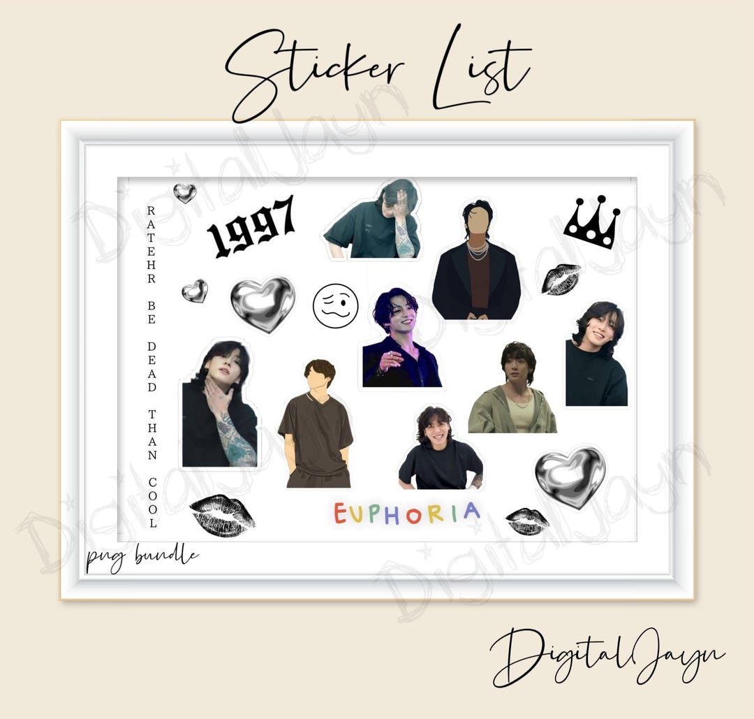 Digital K-pop Sticker Pack, Jungkook Inspired BTS Stickers, Aesthetic ...