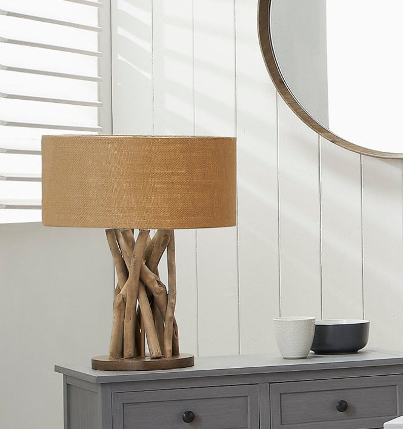 Rustic Driftwood and Hessian Table Lamp Natural Coastal Wooden Lamp ...
