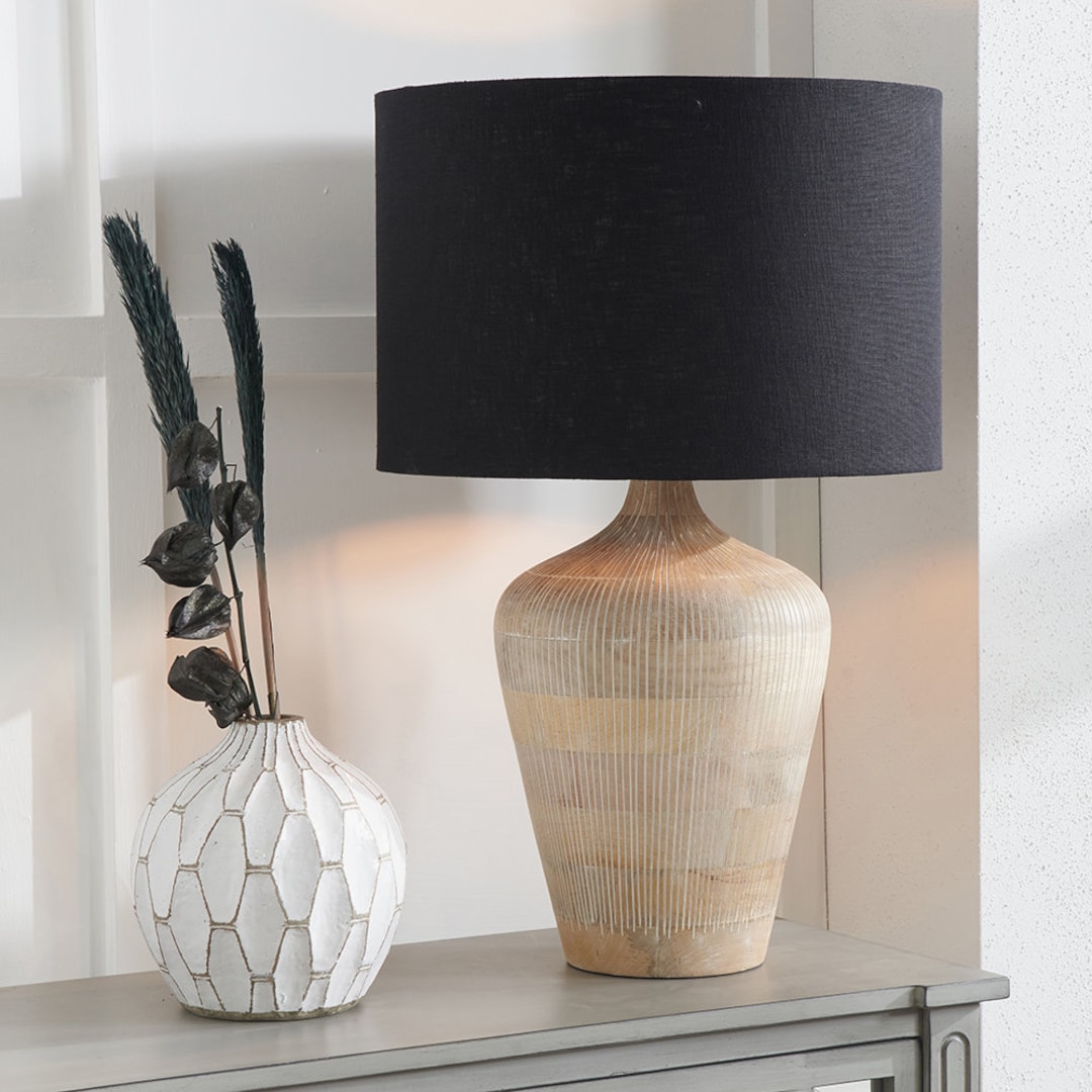 Boho Mango Wood Table Lamp With Black Lampshade Coastal Natural Wash ...
