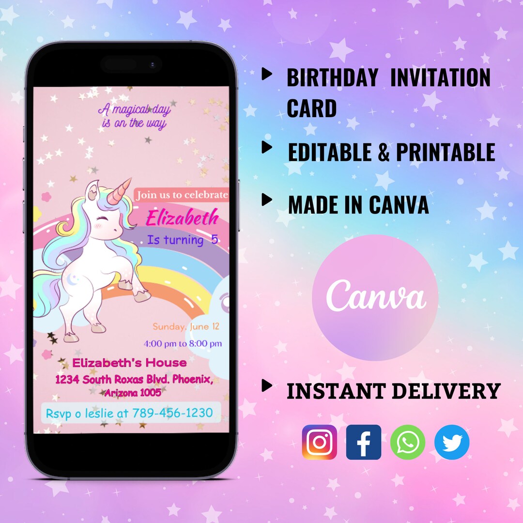 Digital Colourful Party Invitation Canva Template Unicorn - Etsy