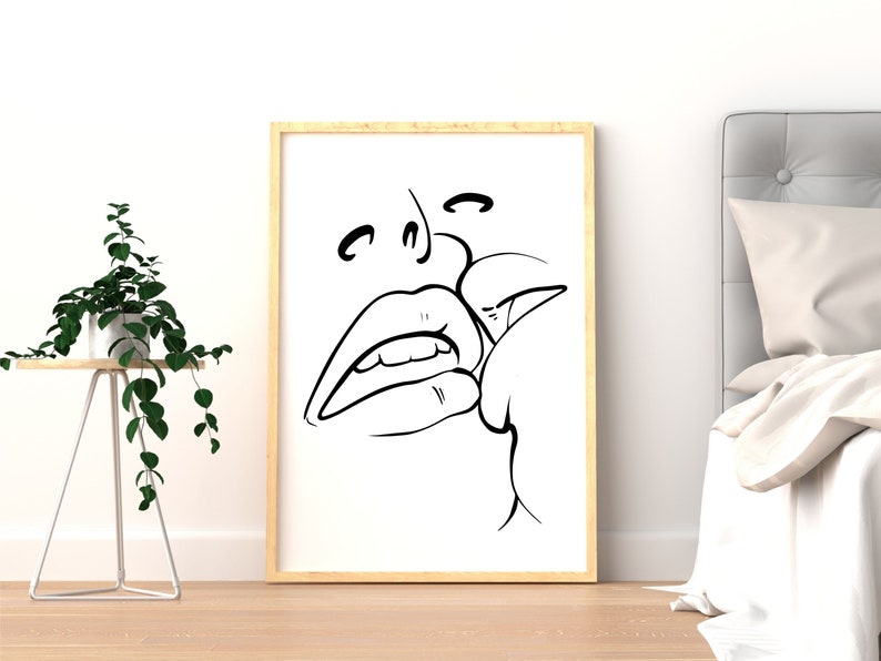 Kissing Lips, Couple Line Drawing, Kissing Line Art, Minimalist Wall ...