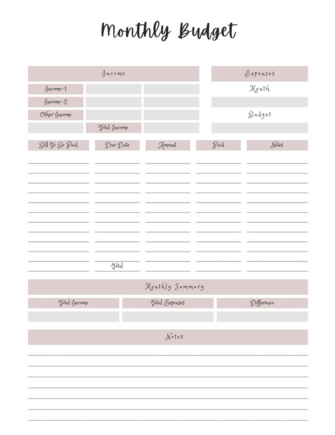 Monthly Budget Digital Download Printable - Etsy