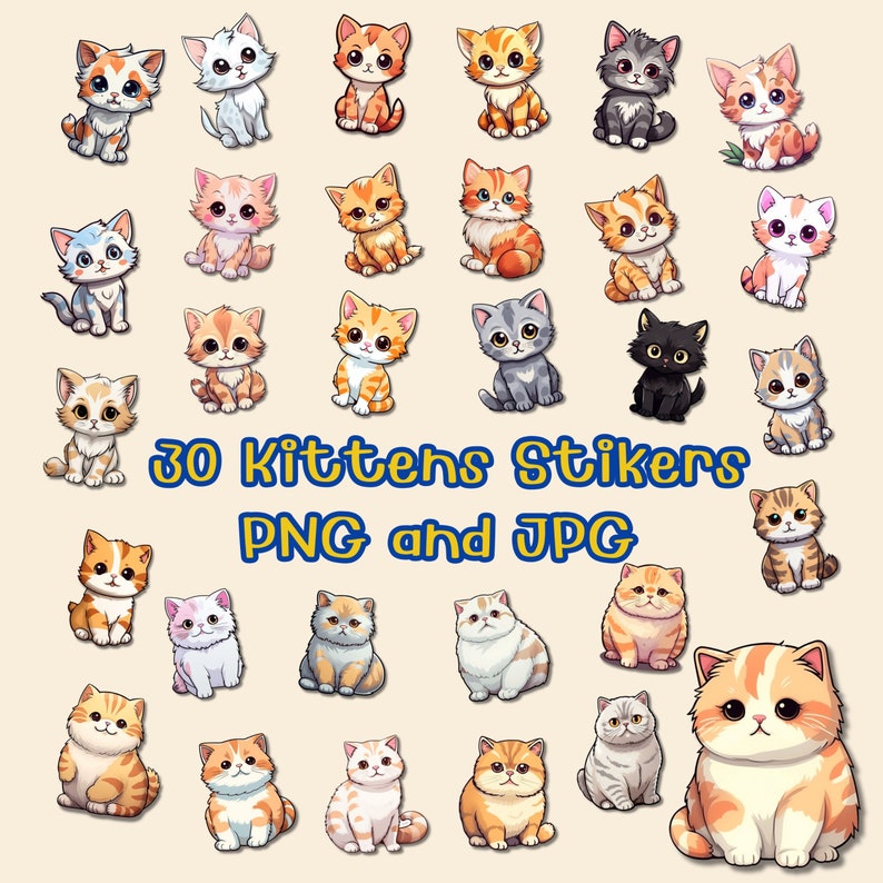 30 Super Cute Kitten Stickers, Print and Cut Kitten Stickers, Cute ...