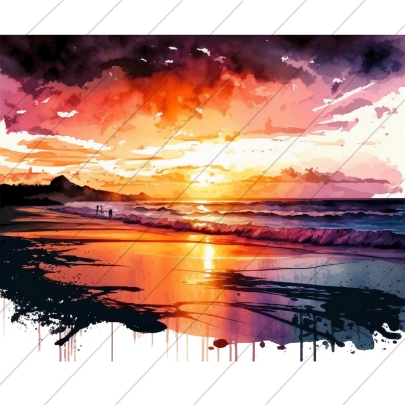Watercolor Beach Sunset, Digital Clipart, Watercolor Beach, Set of 4 ...