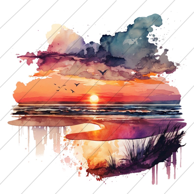 Watercolor Beach Sunset, Digital Clipart, Watercolor Beach, Set of 4 ...