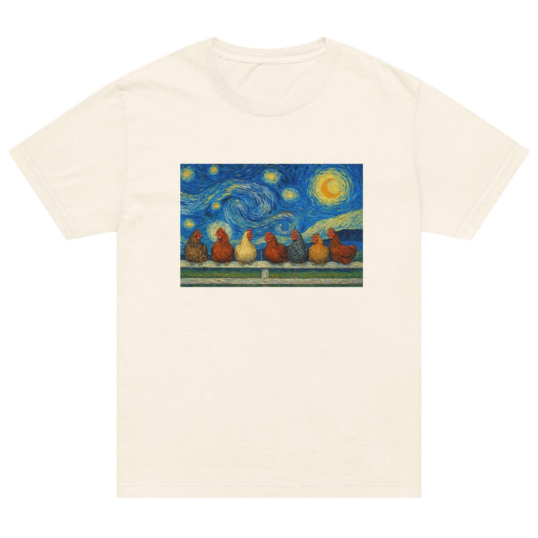 Starry Night Chickens T-shirt: Van Gogh Farm Art, Oversized Cotton Tee ...