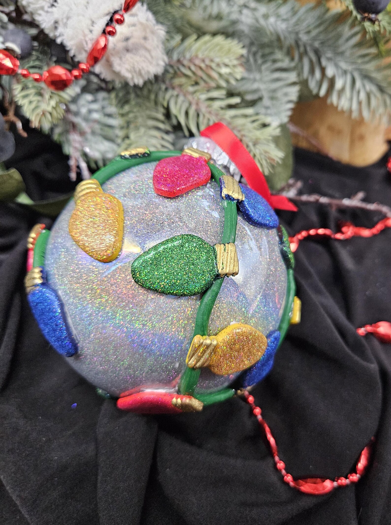 Handmade Glass Globe Ornament With Polymer Clay Christmas Light String ...