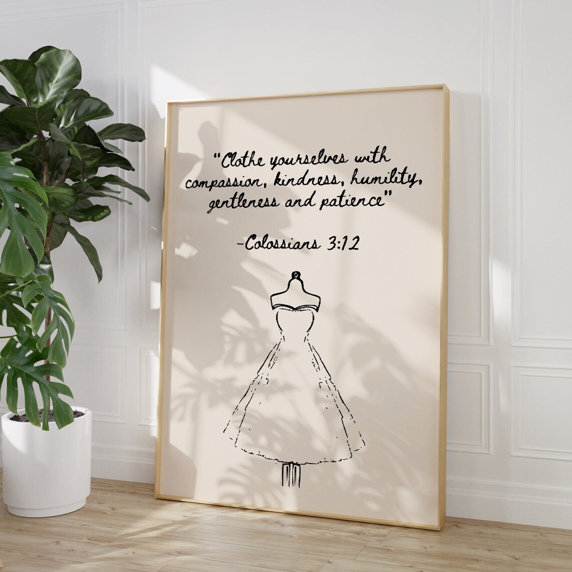 Clothed With Compassion, Colossians 3:12 Print, Beige and Black Dress ...