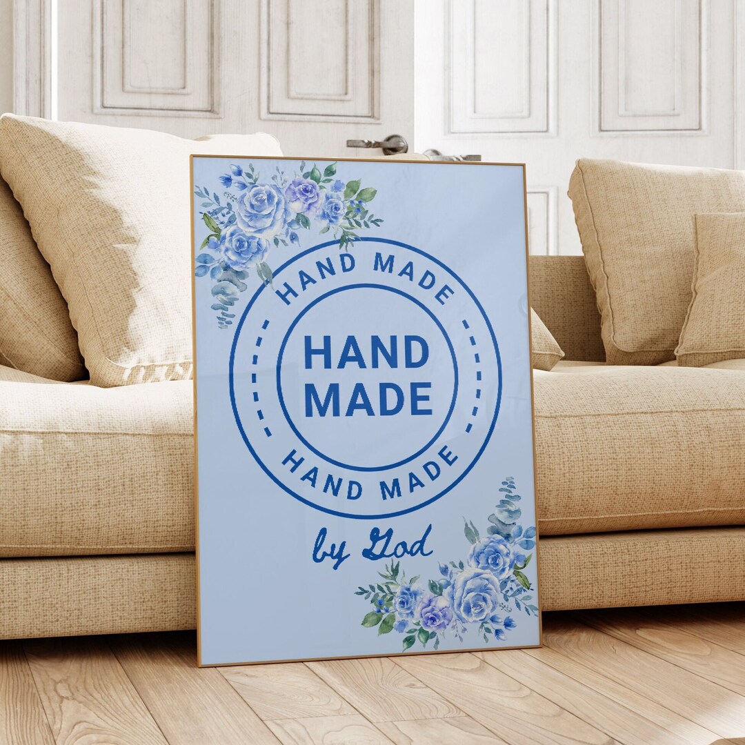 Blue Floral Handmade by God Print, Sketch Drawing, Christian Wall Decor ...