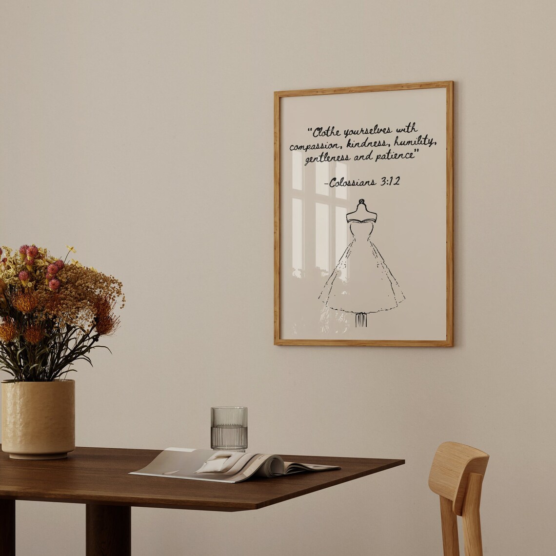 Clothed With Compassion, Colossians 3:12 Print, Beige and Black Dress ...