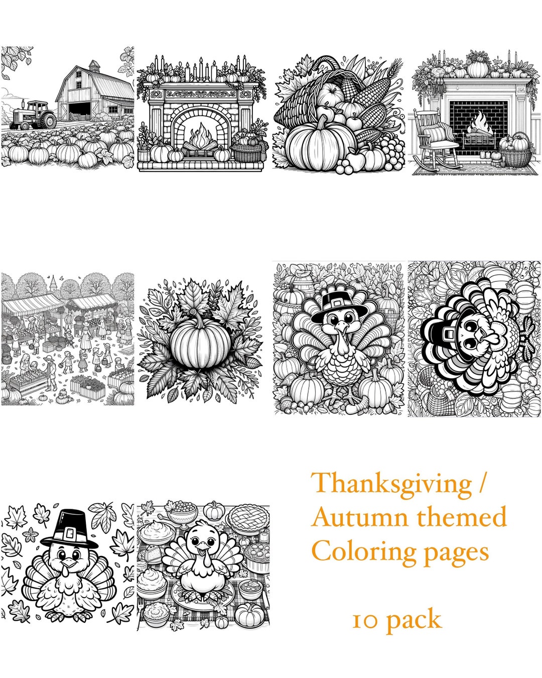 10 Digital Printable Thanksgiving Autumn Themed Coloring Pages - Bundle ...