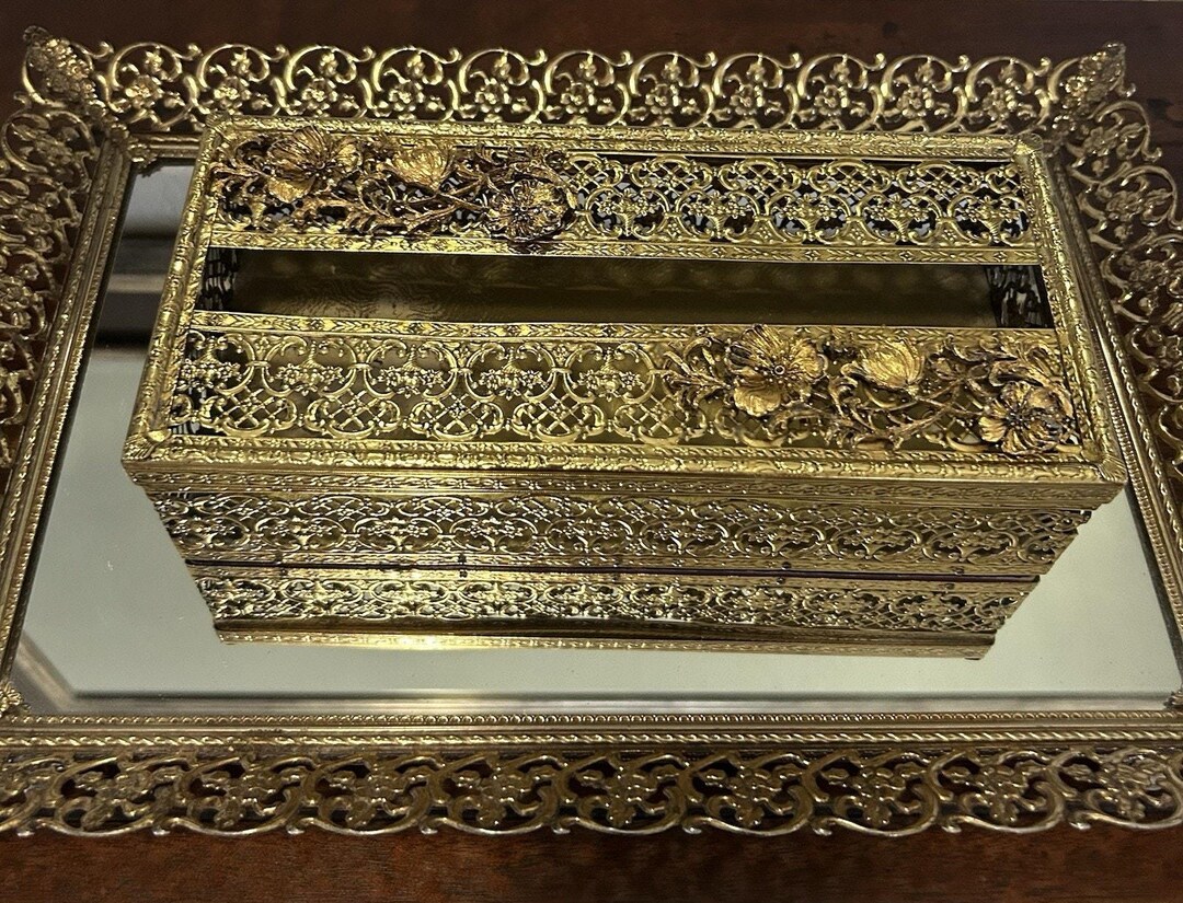 Vintage, Gold, Filigree Tissue Box Cover, Floral Design, Hollywood ...