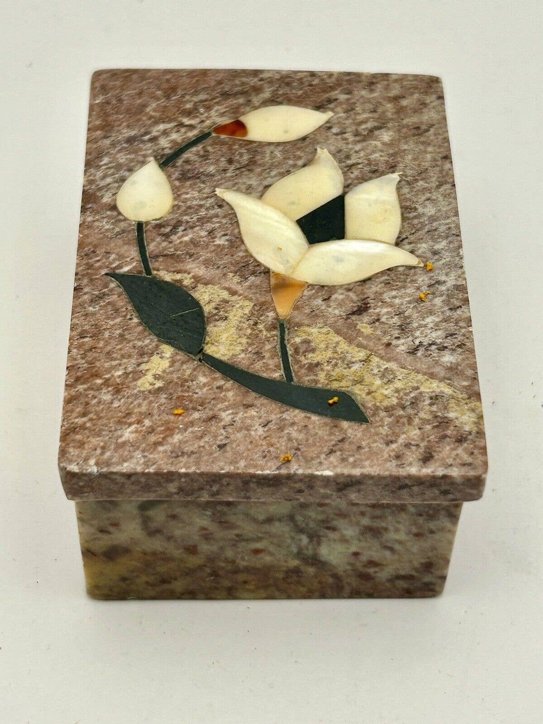 Vintage, Soapstone Trinket Box, Mother of Pearl Floral Inlay, 2.5” by 3 ...