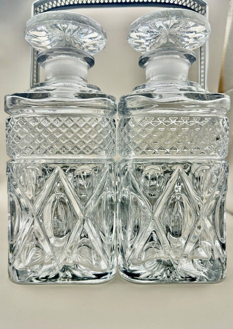 Set of 2, Imperial Cape Cod, Crystal Square Decanters, With Silver ...