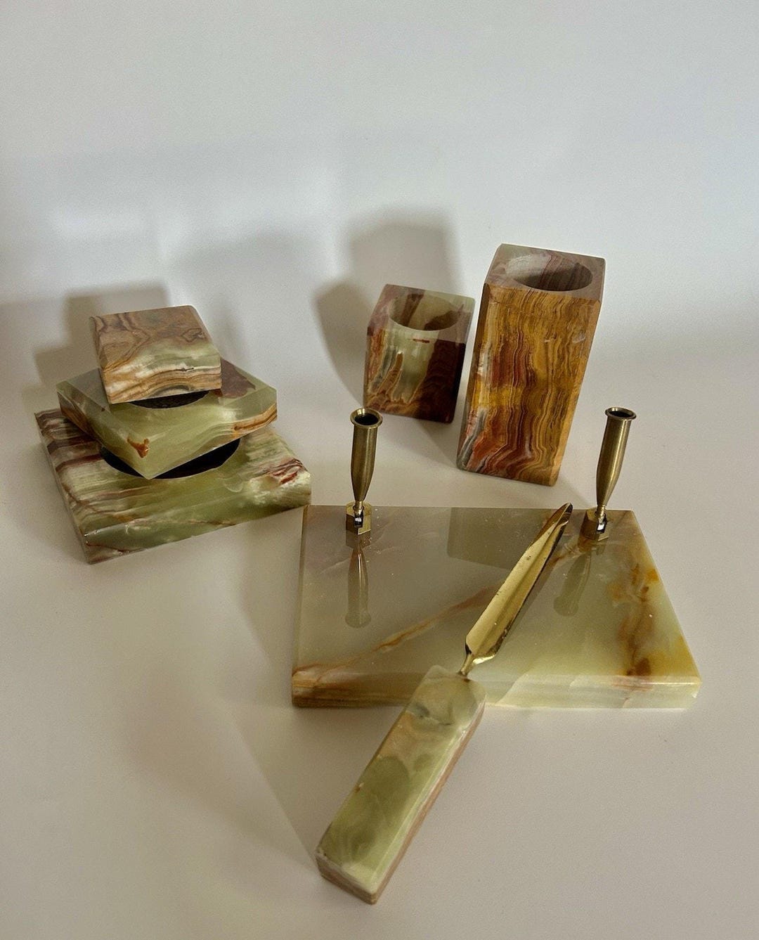 Vintage Onyx 7 Piece Desk Set Stone Pen Holder Letter Opener Trays - Etsy