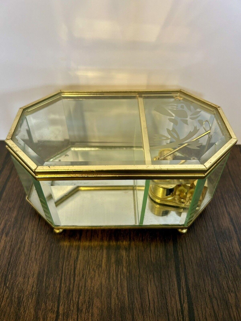 Vintage, Mitsuyo, Brass & Etched Glass, Music Box, Jewelry Box, fur ...