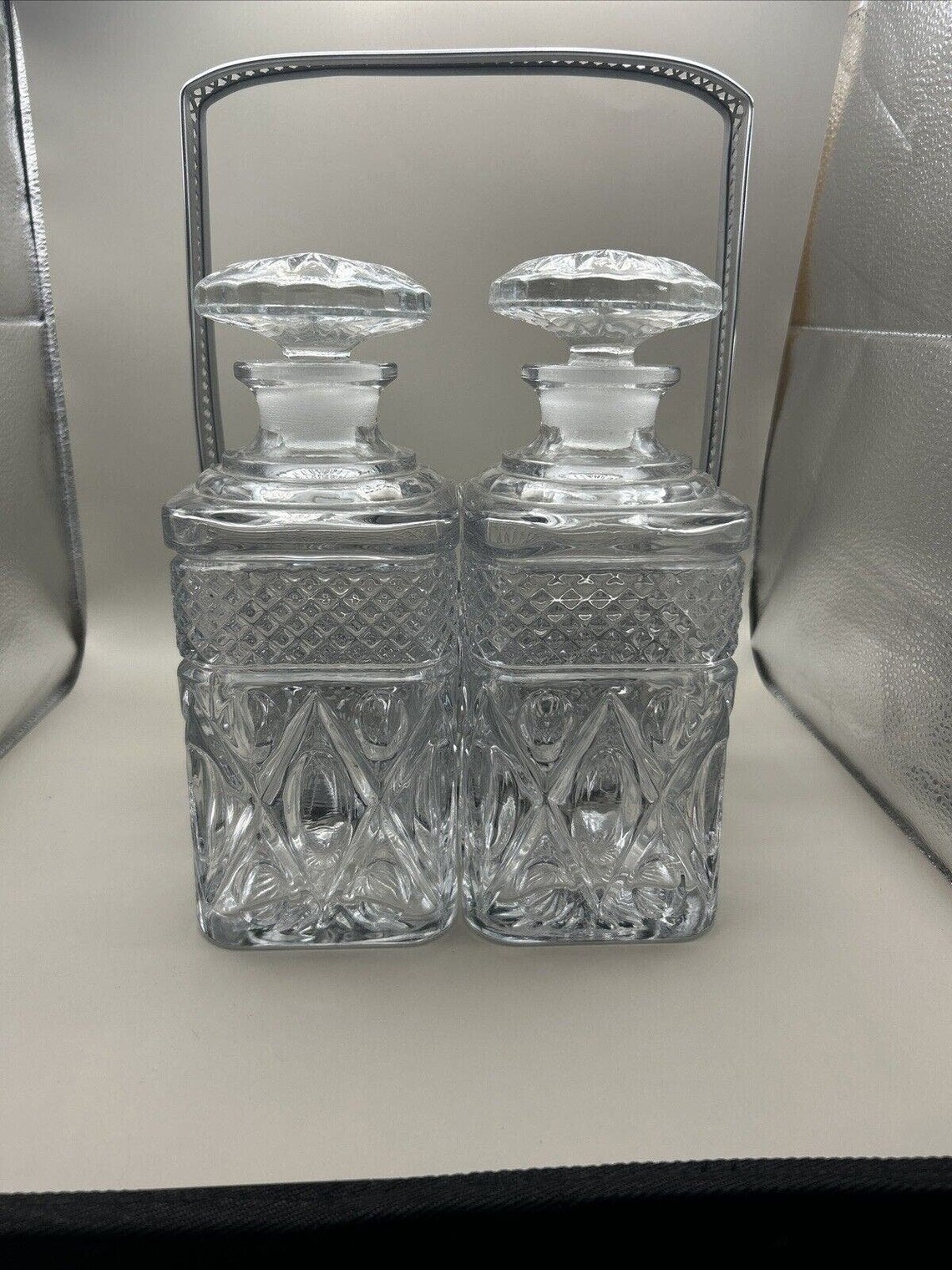 Set of 2, Imperial Cape Cod, Crystal Square Decanters, With Silver ...
