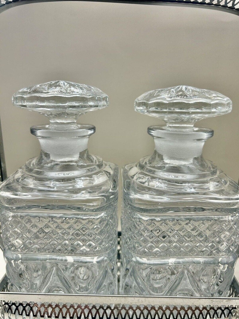 Set of 2, Imperial Cape Cod, Crystal Square Decanters, With Silver ...