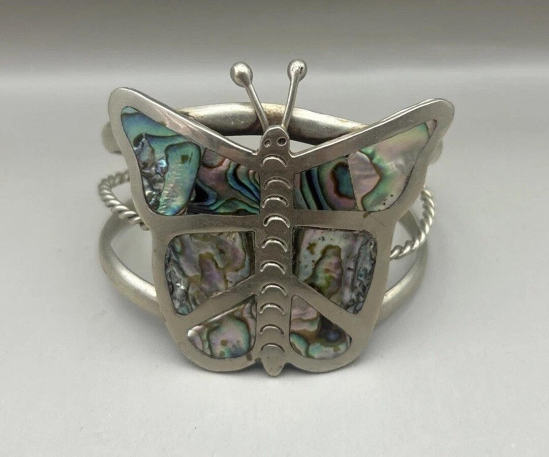Vintage, Sterling Silver, Large Abalone Shell, Butterfly Cuff, Bracelet ...