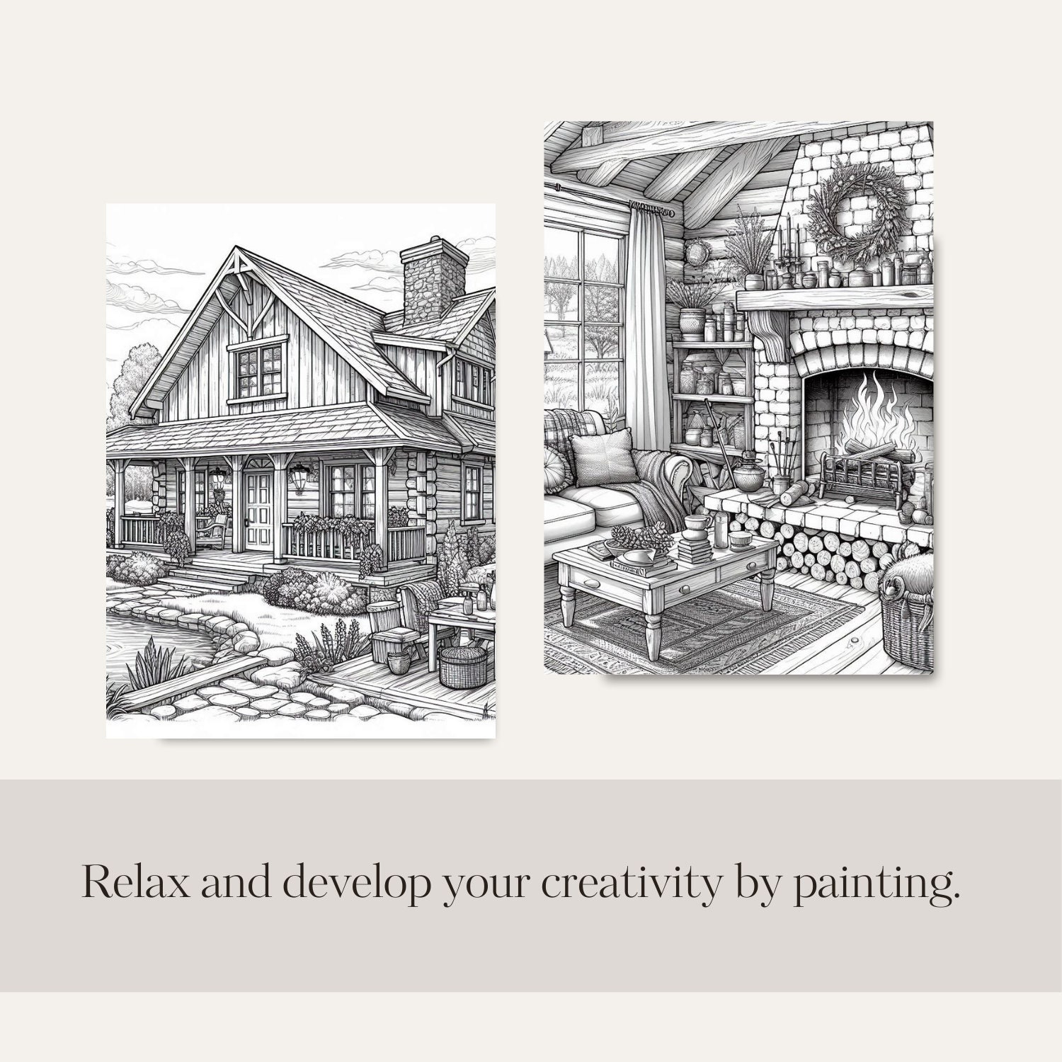 Rustic House Coloring Book for Adult, Grayscale Coloring, Cozy Interior ...