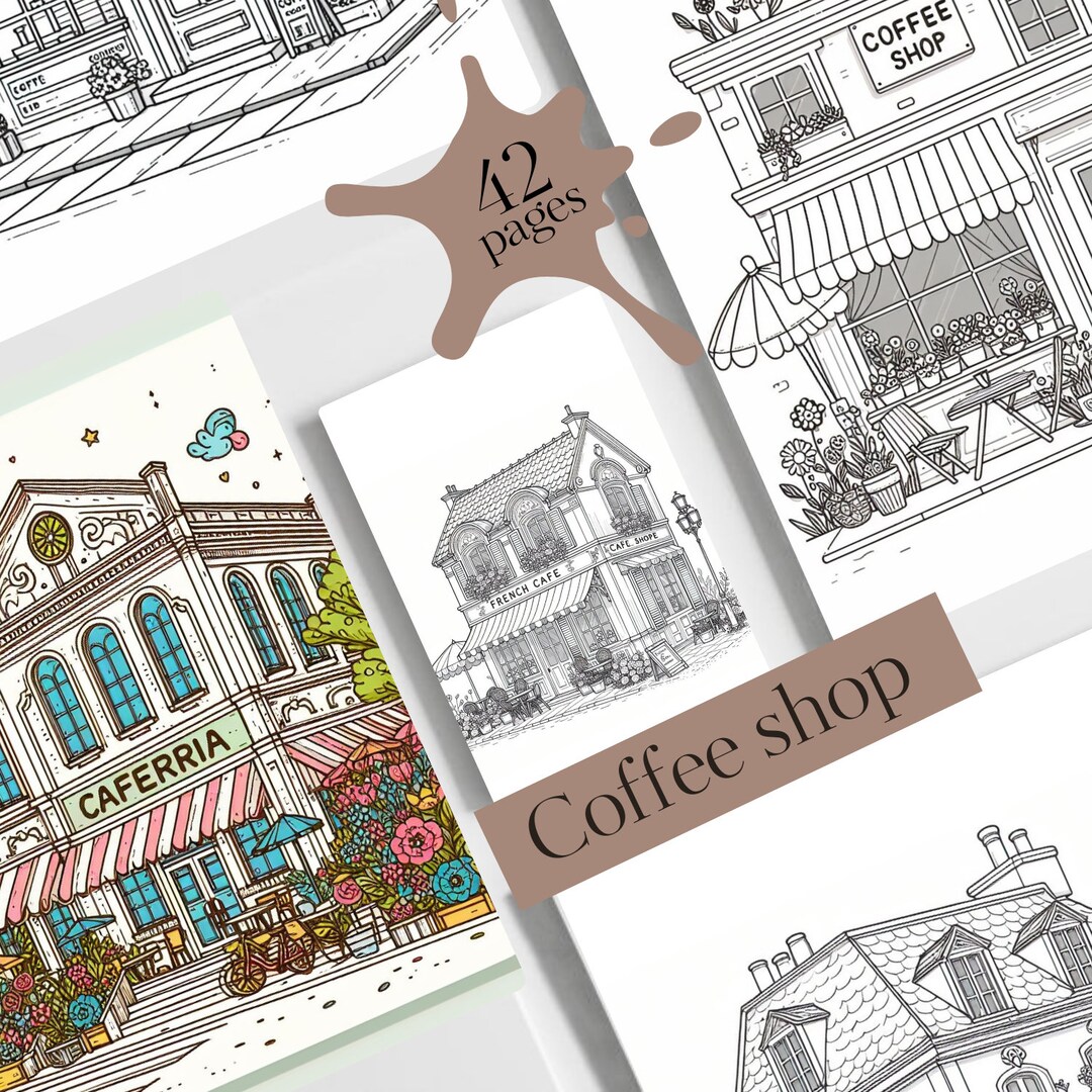 42 Pages of Coffee Shops Coloring Pages for Adults, Family Coloring ...