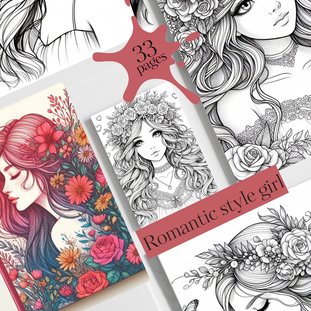 Romantic Style Girl Coloring Book for Adult, Grayscale Coloring ...