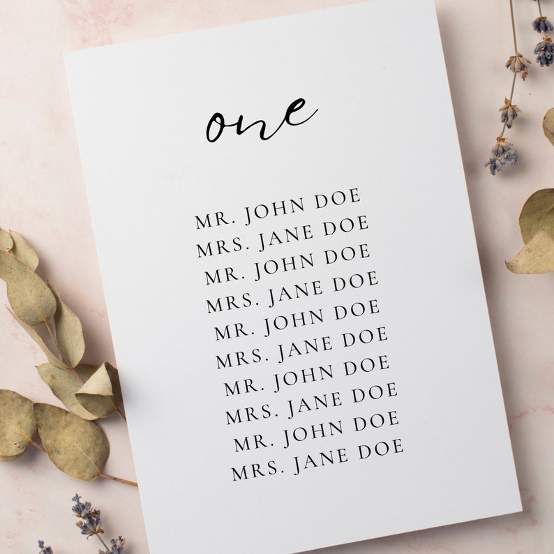 Minimalist Wedding Seating Chart, Assigned Tables, 20 Individual ...