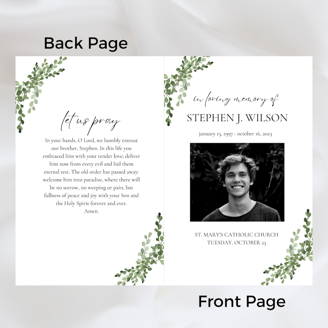 Greenery Catholic Christian Funeral Program, Obituary Program ...