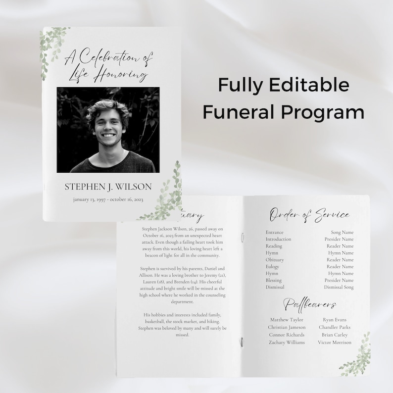 Greenery Funeral Program Template: Celebration of Life (editable, PDF ...