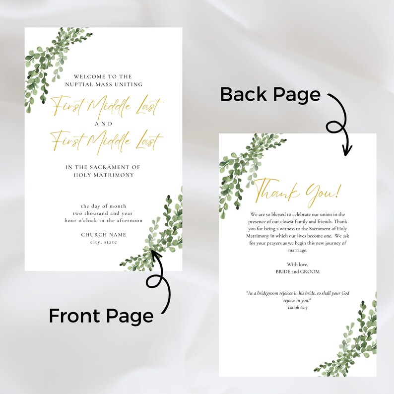 Gold Greenery Catholic Wedding Program With Mass Responses – Explains ...