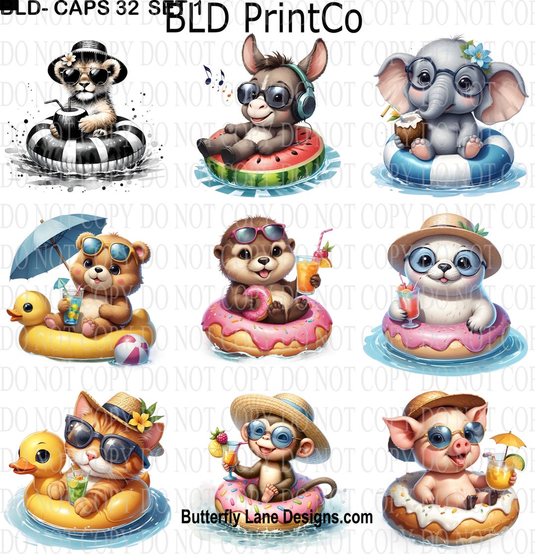 UV DTF Decal Element Sheets Caps 32 Cute Animals in Floaties- Set 1- - Etsy