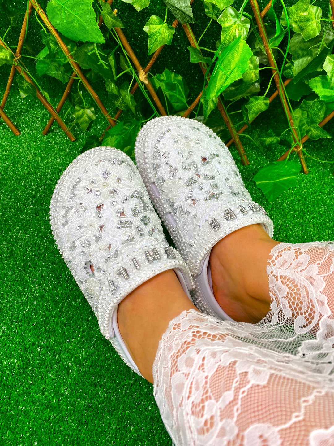 Personalized Bridal Slippers, Lace and Crystal Stones Bachelorette ...