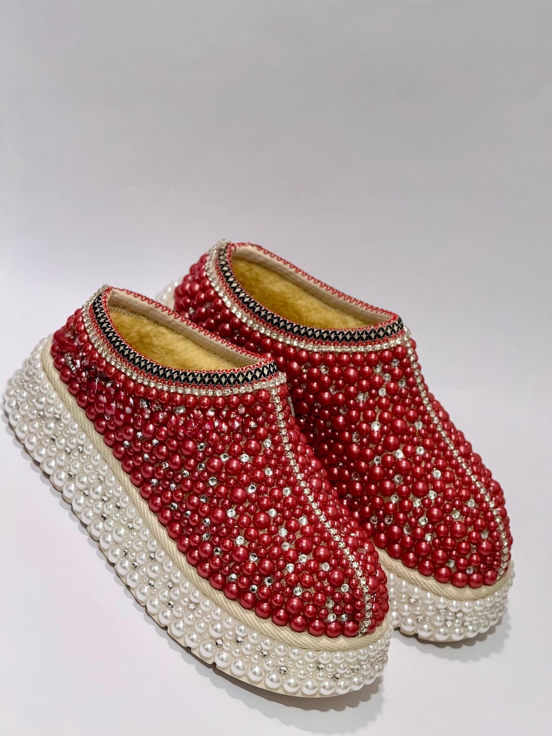 Handmade Pearl Ankle Boots: Red Fur Sparkling Stones - Etsy