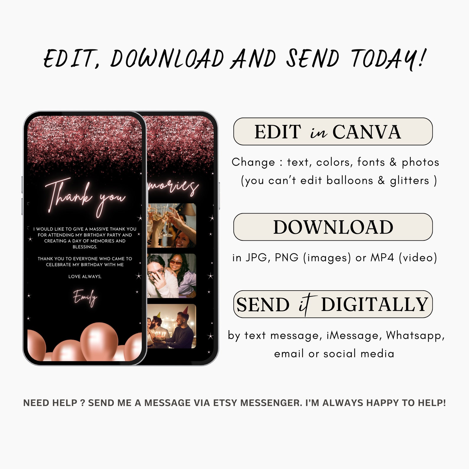 Birthday Party Thank You Note Template, Electronic Birthday Thank You ...