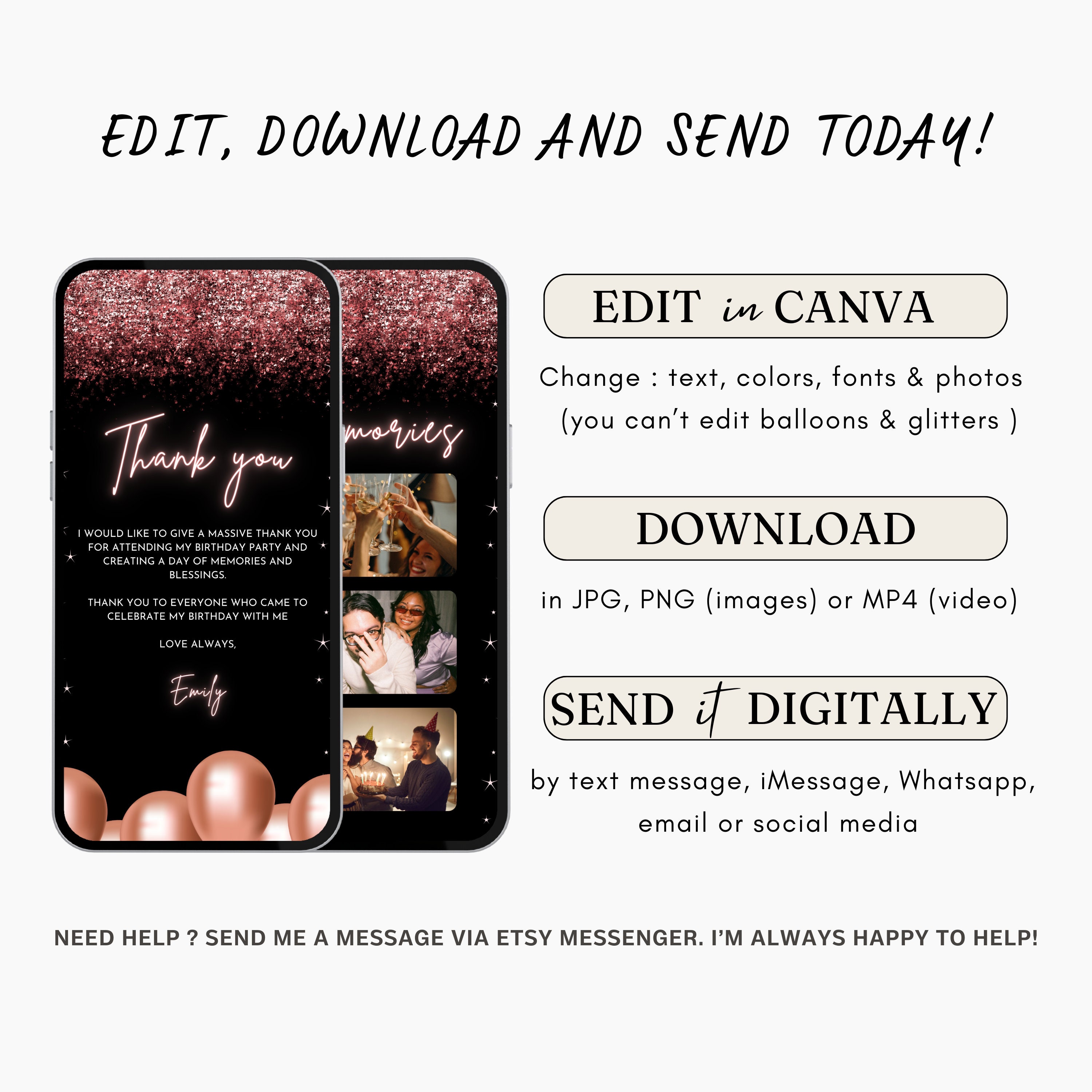 Birthday Party Thank You Note Template, Electronic Birthday Thank You ...