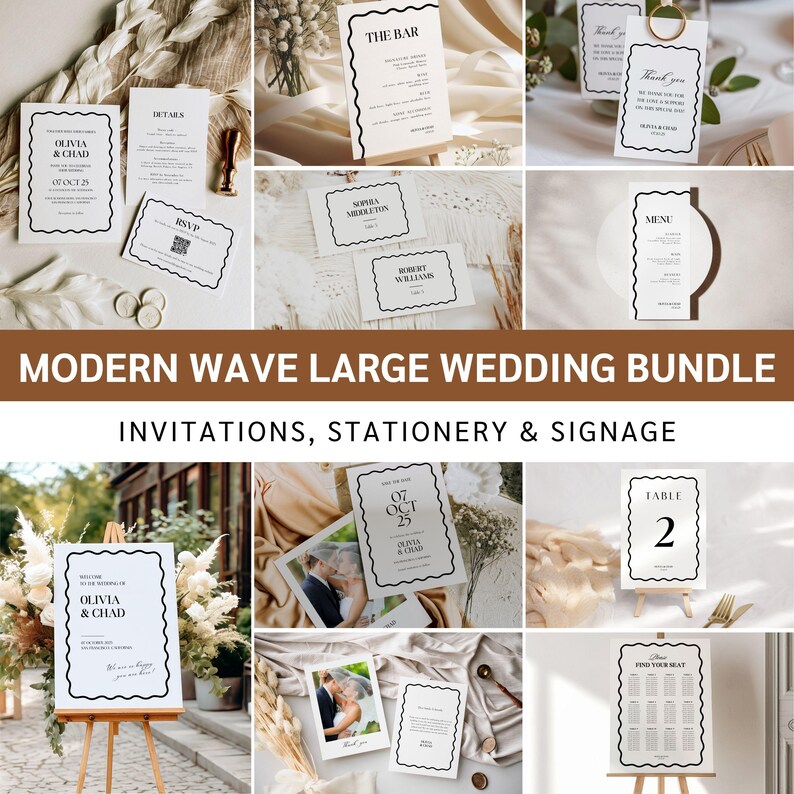 Modern Wave Wedding Invitation Bundle, Wedding Invite Card, Wavy ...