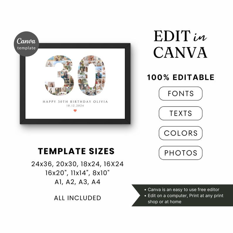 30th Birthday Photo Collage Template, Personalized 30th Birthday Gift ...