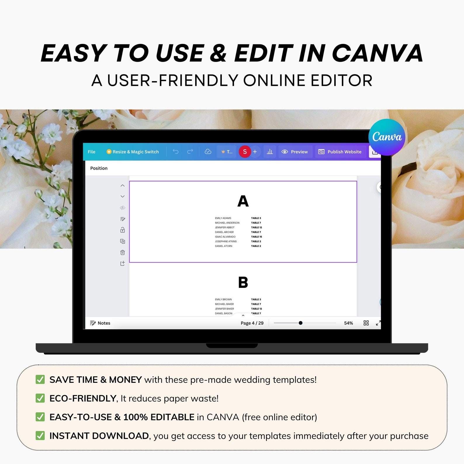 Digital Seating Chart Plan Menu Program Welcome Sign Order of Events ...