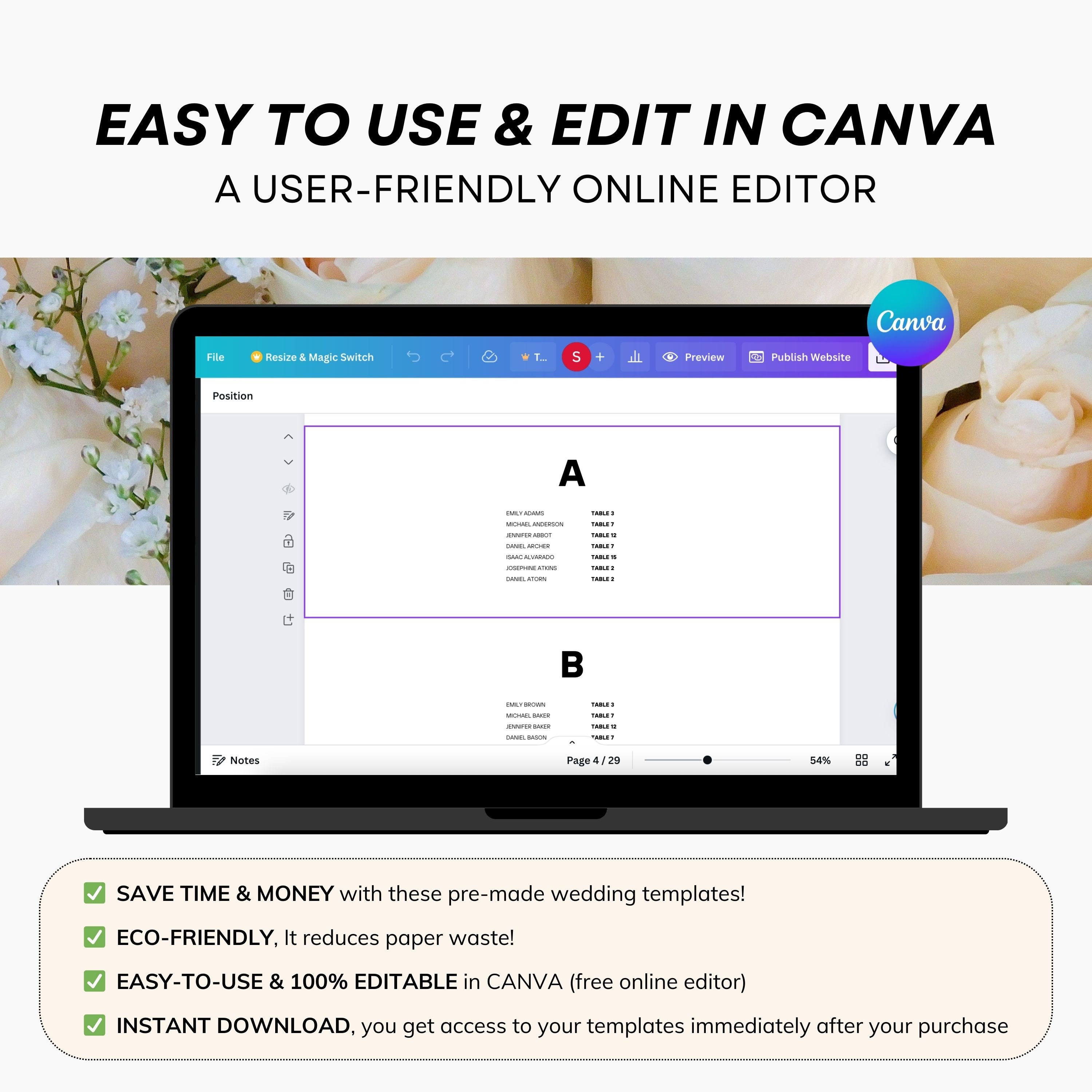 Digital Seating Chart Plan Menu Program Welcome Sign Order of Events ...