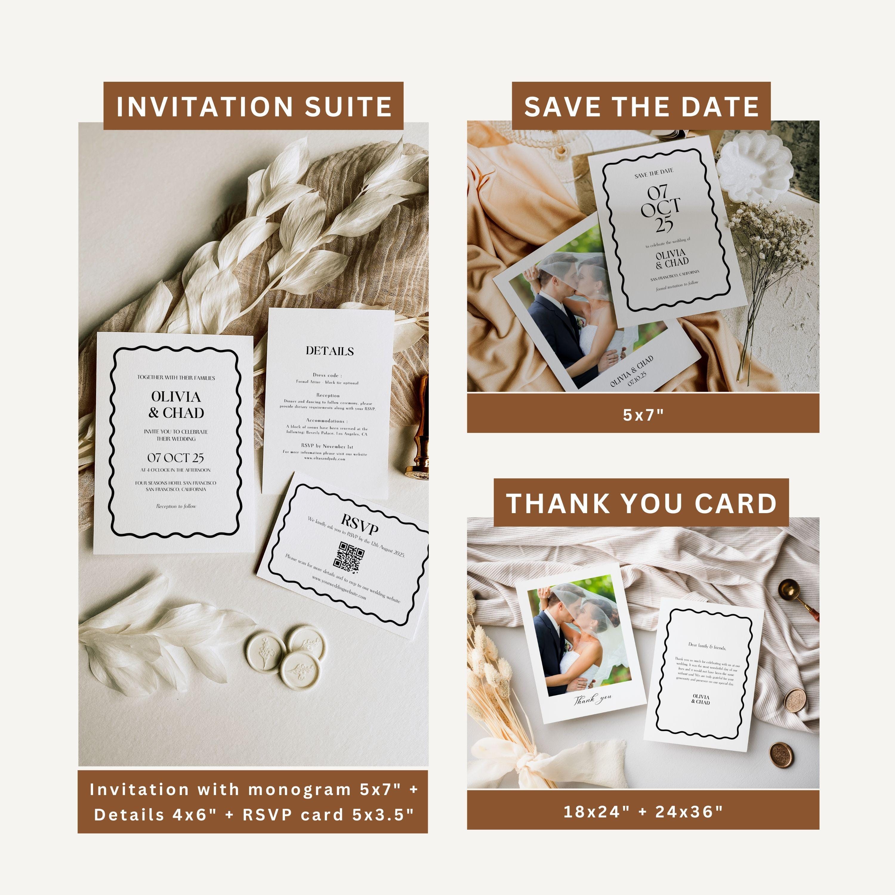Modern Wave Wedding Invitation Bundle, Wedding Invite Card, Wavy ...