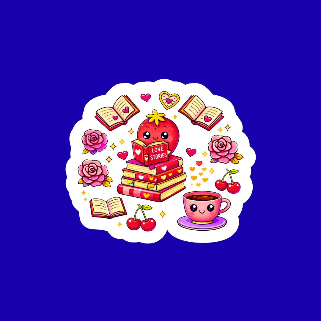 Strawberry Love Stories Sticker – Cute Bookish Romance Sticker for ...