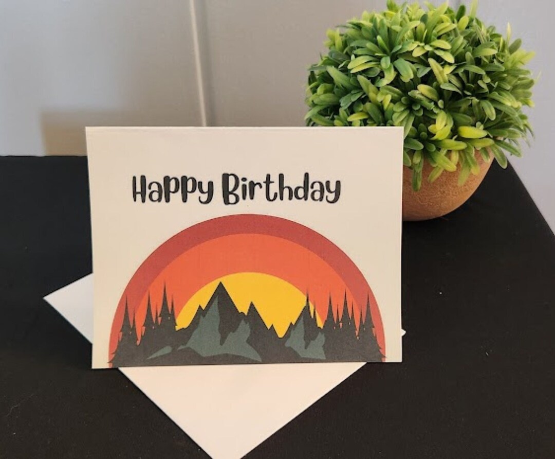 Happy Birthday Mountain Scene Card With Sunset Background - Etsy